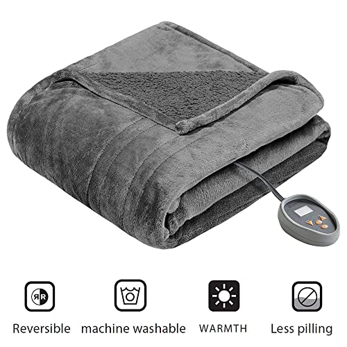 Beautyrest Heated Microlight to Berber Elect Electric Blanket with Two 20 Heat Level Setting Controllers, Queen: 84x90, Grey,BR54-0418