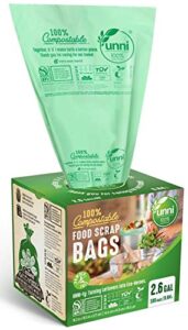 unni 100% compostable bags, 2.6 gallon, 9.84 liter, 100 count, extra thick 0.71 mil, samll kitchen food scrap waste bags, astm d6400, us bpi and europe ok compost home certified, san francisco