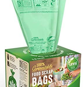 UNNI 100% Compostable Bags, 2.6 Gallon, 9.84 Liter, 100 Count, Extra Thick 0.71 Mil, Samll Kitchen Food Scrap Waste Bags, ASTM D6400, US BPI and Europe OK Compost Home Certified, San Francisco