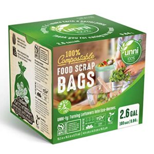 UNNI 100% Compostable Bags, 2.6 Gallon, 9.84 Liter, 100 Count, Extra Thick 0.71 Mil, Samll Kitchen Food Scrap Waste Bags, ASTM D6400, US BPI and Europe OK Compost Home Certified, San Francisco