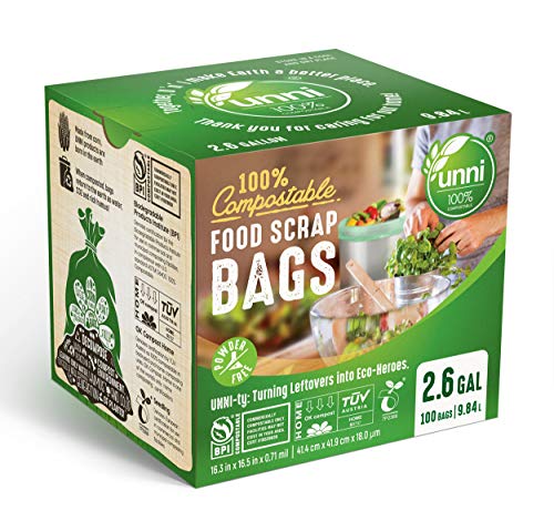 UNNI 100% Compostable Bags, 2.6 Gallon, 9.84 Liter, 100 Count, Extra Thick 0.71 Mil, Samll Kitchen Food Scrap Waste Bags, ASTM D6400, US BPI and Europe OK Compost Home Certified, San Francisco