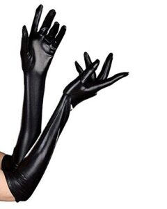 luwint women's sexy elastic shiny wet look satin long gloves (black)