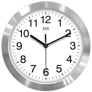 HITO 10 Inch Silent Wall Clock Battery Operated Non Ticking Glass Cover Silver Aluminum Frame, for Kitchen, Bedroom, Home Office, Living Room Decor