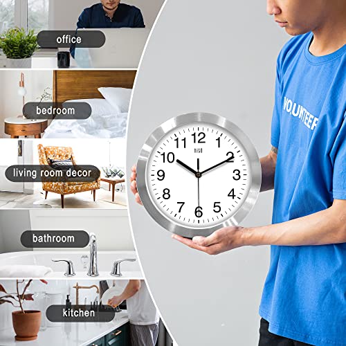 HITO 10 Inch Silent Wall Clock Battery Operated Non Ticking Glass Cover Silver Aluminum Frame, for Kitchen, Bedroom, Home Office, Living Room Decor