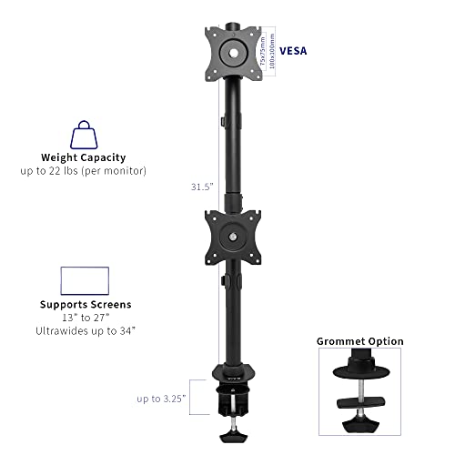 VIVO Dual Monitor Desk Mount Stand with Height Adjustment and VESA Plates for 2 LCD Ultrawide Screens up to 34 inches, Stacked Array, STAND-V002R