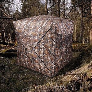 AW Hunting Blind Tent w/Carrying Bag, 2 Person 150D Degree See Through Ground Blinds Portable 58x58x65 Deer Blind Windproof Waterproof, for Deer Hunting Outdoor Sport Shooting Turkey Hunting