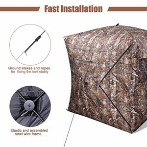 AW Hunting Blind Tent w/Carrying Bag, 2 Person 150D Degree See Through Ground Blinds Portable 58x58x65 Deer Blind Windproof Waterproof, for Deer Hunting Outdoor Sport Shooting Turkey Hunting