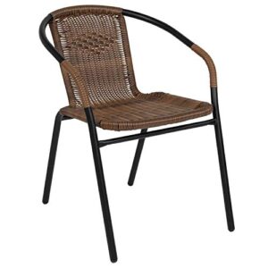 Flash Furniture Lila 28'' Square Glass Metal Table with Dark Brown Rattan Edging and 2 Dark Brown Rattan Stack Chairs