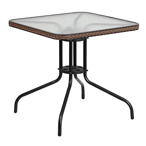 Flash Furniture Lila 28'' Square Glass Metal Table with Dark Brown Rattan Edging and 2 Dark Brown Rattan Stack Chairs