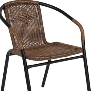 Flash Furniture Lila 28'' Square Glass Metal Table with Dark Brown Rattan Edging and 2 Dark Brown Rattan Stack Chairs