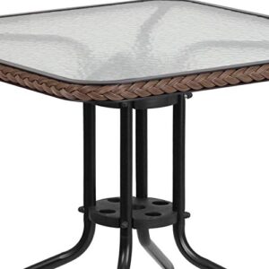 Flash Furniture Lila 28'' Square Glass Metal Table with Dark Brown Rattan Edging and 2 Dark Brown Rattan Stack Chairs