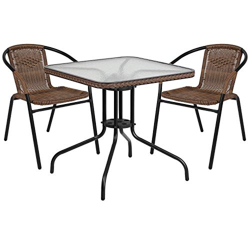 Flash Furniture Lila 28'' Square Glass Metal Table with Dark Brown Rattan Edging and 2 Dark Brown Rattan Stack Chairs