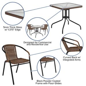 Flash Furniture Lila 28'' Square Glass Metal Table with Dark Brown Rattan Edging and 2 Dark Brown Rattan Stack Chairs