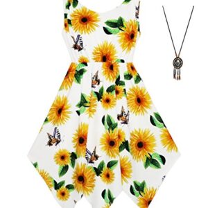 JE32 Girls Dress Sunflower Butterfly Hanky Hem Party Beach Necklace Size 8,Yellow,