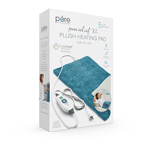 Pure Enrichment® PureRelief™ XL Heating Pad - LCD Controller with 6 InstaHeat Settings for Cramps, Back, Neck, & Shoulder Pain Relief, Moist Heat Option, Machine Washable, 12" x 24" Storage Bag (Blue)