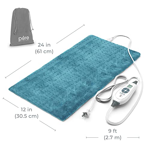 Pure Enrichment® PureRelief™ XL Heating Pad - LCD Controller with 6 InstaHeat Settings for Cramps, Back, Neck, & Shoulder Pain Relief, Moist Heat Option, Machine Washable, 12" x 24" Storage Bag (Blue)