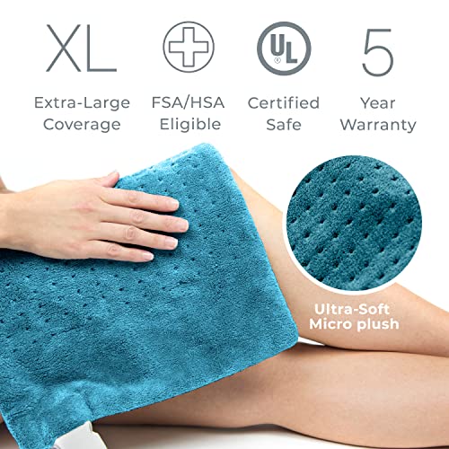 Pure Enrichment® PureRelief™ XL Heating Pad - LCD Controller with 6 InstaHeat Settings for Cramps, Back, Neck, & Shoulder Pain Relief, Moist Heat Option, Machine Washable, 12" x 24" Storage Bag (Blue)