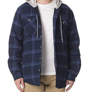 Wrangler Authentics Men's Long Sleeve Quilted Lined Flannel Shirt Jacket with Hood, Navy, Large