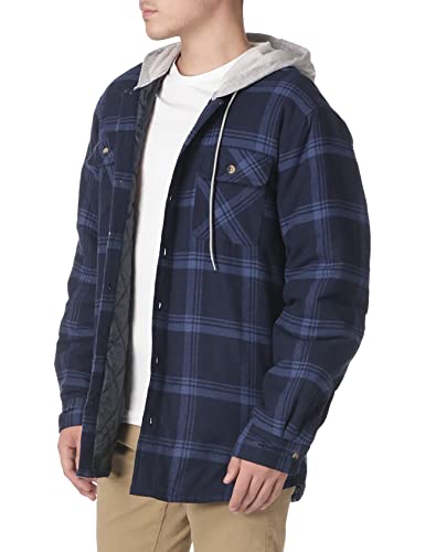 Wrangler Authentics Men's Long Sleeve Quilted Lined Flannel Shirt Jacket with Hood, Navy, Large