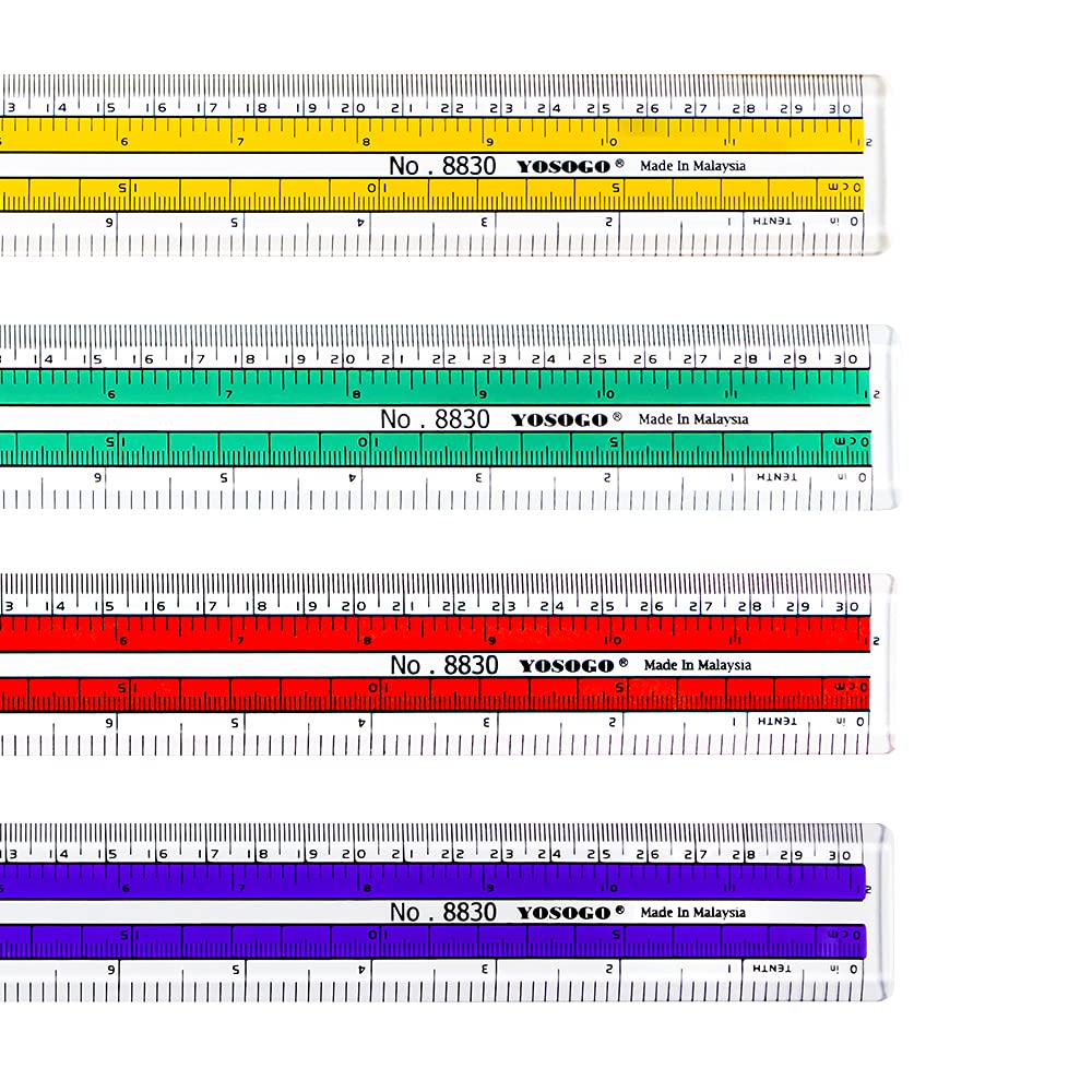 6 inch Rulers | 15 cm Rulers | Transparent Plastic Ruler | Pack of 12 of Premium Quality Rulers | Yellow, Green, Red and Blue