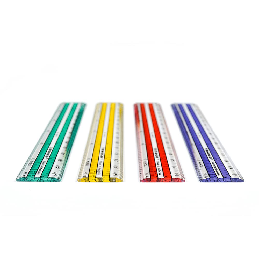 6 inch Rulers | 15 cm Rulers | Transparent Plastic Ruler | Pack of 12 of Premium Quality Rulers | Yellow, Green, Red and Blue