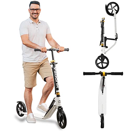 Hudora 230 Adult Scooters Folding Height Adjustable Kick Scooters, Scooter for Adults Supports Up to 265 lbs, Aluminum Commuter Teens Outdoor Use (White)