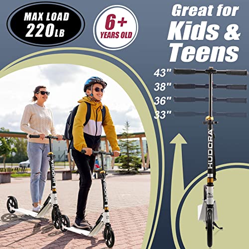 Hudora 230 Adult Scooters Folding Height Adjustable Kick Scooters, Scooter for Adults Supports Up to 265 lbs, Aluminum Commuter Teens Outdoor Use (White)