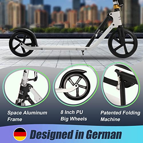 Hudora 230 Adult Scooters Folding Height Adjustable Kick Scooters, Scooter for Adults Supports Up to 265 lbs, Aluminum Commuter Teens Outdoor Use (White)