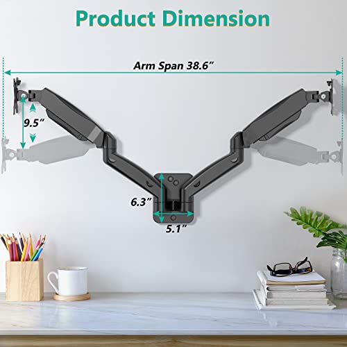 WALI Dual Monitor Wall Mount, Gas Spring Monitor Arm for 2 Screens up to 32 inch, 19.8 lbs. Fully Adjustable Arm Mounting Holes up to 100 x 100 (GSWM002), Black