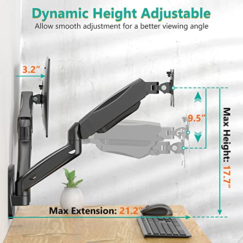 WALI Dual Monitor Wall Mount, Gas Spring Monitor Arm for 2 Screens up to 32 inch, 19.8 lbs. Fully Adjustable Arm Mounting Holes up to 100 x 100 (GSWM002), Black