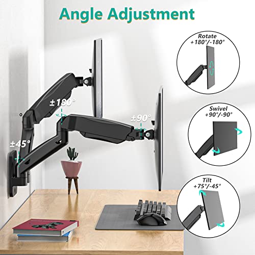 WALI Dual Monitor Wall Mount, Gas Spring Monitor Arm for 2 Screens up to 32 inch, 19.8 lbs. Fully Adjustable Arm Mounting Holes up to 100 x 100 (GSWM002), Black