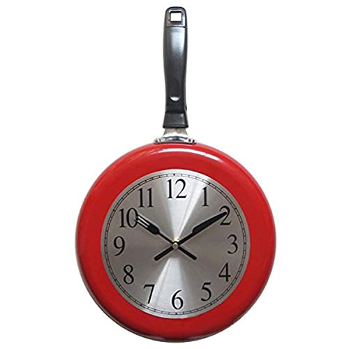 Timelike Wall Clock, 10 inch Metal Frying Pan Kitchen Wall Clock Home Decor - Kitchen Themed Unique Wall Clock with a Screwdriver (Red)