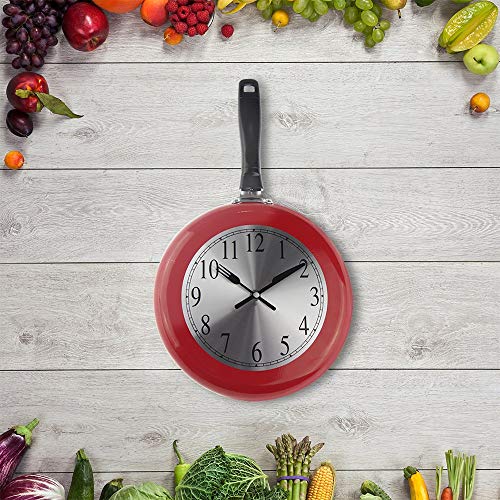 Timelike Wall Clock, 10 inch Metal Frying Pan Kitchen Wall Clock Home Decor - Kitchen Themed Unique Wall Clock with a Screwdriver (Red)