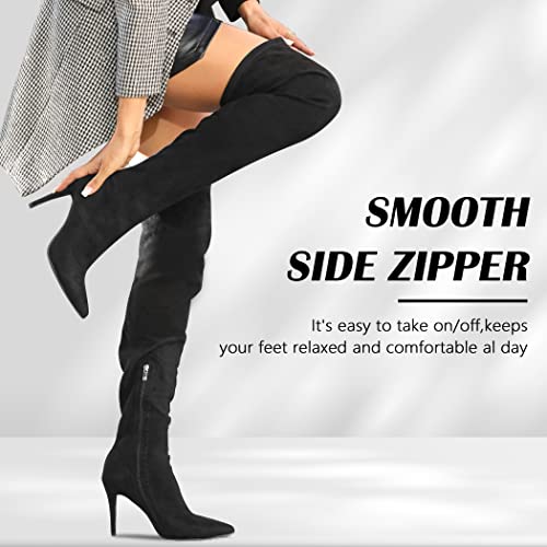 CAMSSOO Women's Thigh High Boots Faux Suede Elasticity Heels Over The Knee Boots Side Zip Pointed Toe Fashion Sexy Winter Stiletto Knee High Boots Black Faux Suede Size US7 EU38