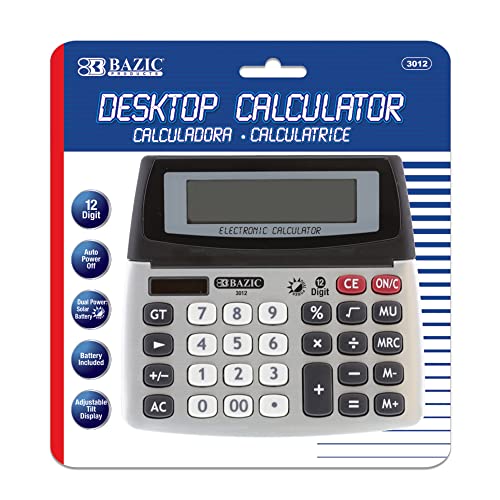 BAZIC 12-Digit Dual Power Desktop Calculator w/Adjustable Display, Solar & Battery, LCD Display, Standard Function Electronics Calculators, 1-Pack