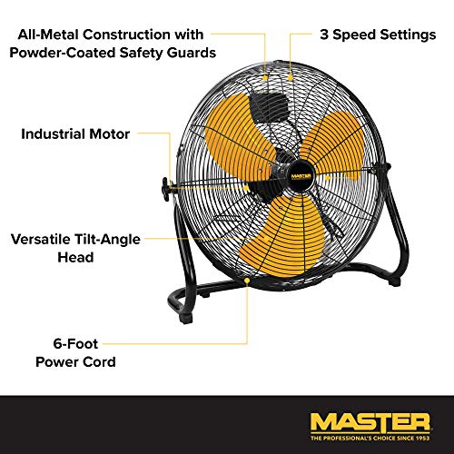 MASTER 20 Inch Industrial High Velocity Floor Fan - Direct Drive, All-Metal Construction with Steel-Coated Safety Grill, 3 Speed Settings (MAC-20F)