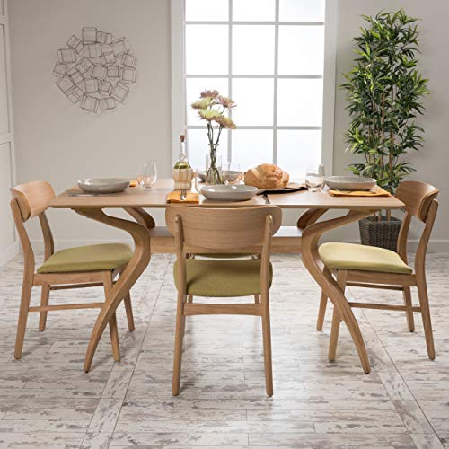 Christopher Knight Home Lucious Curved Leg Rectangular Dining Set, 5-Pcs Set, Natural Oak / Green Tea