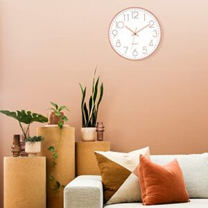 Foxtop Modern Wall Clock 12 Inch Non-Ticking Silent Battery Operated Round Quartz Rose Gold Wall Clock for Office Bedroom Living Room Kitchen Home School Decor