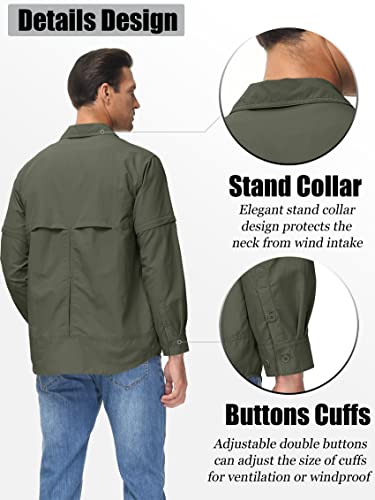 TACVASEN Men's Quick Dry UV Protection Zipper Convertible Long Sleeve Shirt,Green,Large