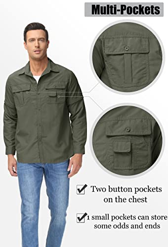 TACVASEN Men's Quick Dry UV Protection Zipper Convertible Long Sleeve Shirt,Green,Large