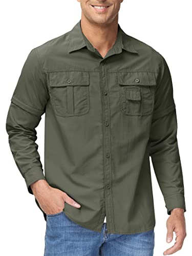 TACVASEN Men's Quick Dry UV Protection Zipper Convertible Long Sleeve Shirt,Green,Large