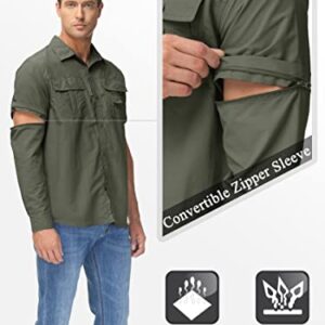 TACVASEN Men's Quick Dry UV Protection Zipper Convertible Long Sleeve Shirt,Green,Large