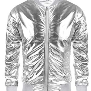 Coofandy Mens Metallic Nightclub Varsity Jacket Shiny Button Zip-up Baseball Bomber For Party,Disco,Dance,Silver,Medium