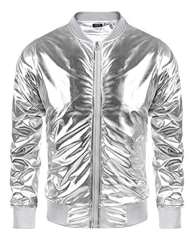 Coofandy Mens Metallic Nightclub Varsity Jacket Shiny Button Zip-up Baseball Bomber For Party,Disco,Dance,Silver,Medium