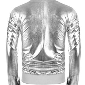 Coofandy Mens Metallic Nightclub Varsity Jacket Shiny Button Zip-up Baseball Bomber For Party,Disco,Dance,Silver,Medium