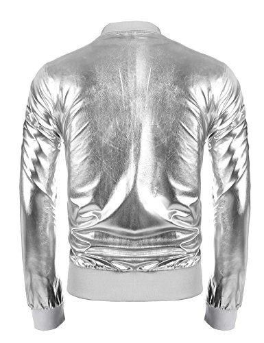 Coofandy Mens Metallic Nightclub Varsity Jacket Shiny Button Zip-up Baseball Bomber For Party,Disco,Dance,Silver,Medium