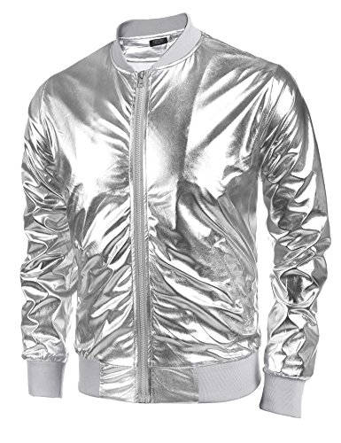 Coofandy Mens Metallic Nightclub Varsity Jacket Shiny Button Zip-up Baseball Bomber For Party,Disco,Dance,Silver,Medium