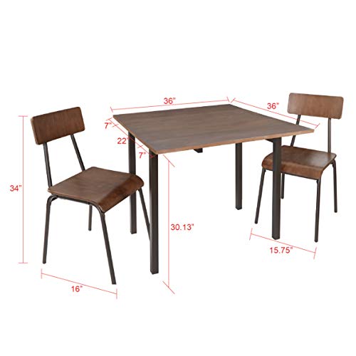 Silverwood Owen 3-Piece Industrial Wood and Metal Dining Set Table and Chairs, 36" x 36" x 30", Brown