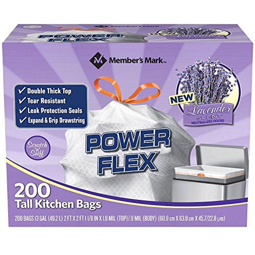 Members Mark Power Flex Tall Kitchen Drawstring Trash Bags (13 Gallon, 2 Rolls of 100 Ct, 200 Count Total), White