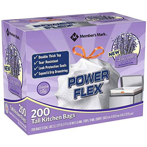 Members Mark Power Flex Tall Kitchen Drawstring Trash Bags (13 Gallon, 2 Rolls of 100 Ct, 200 Count Total), White